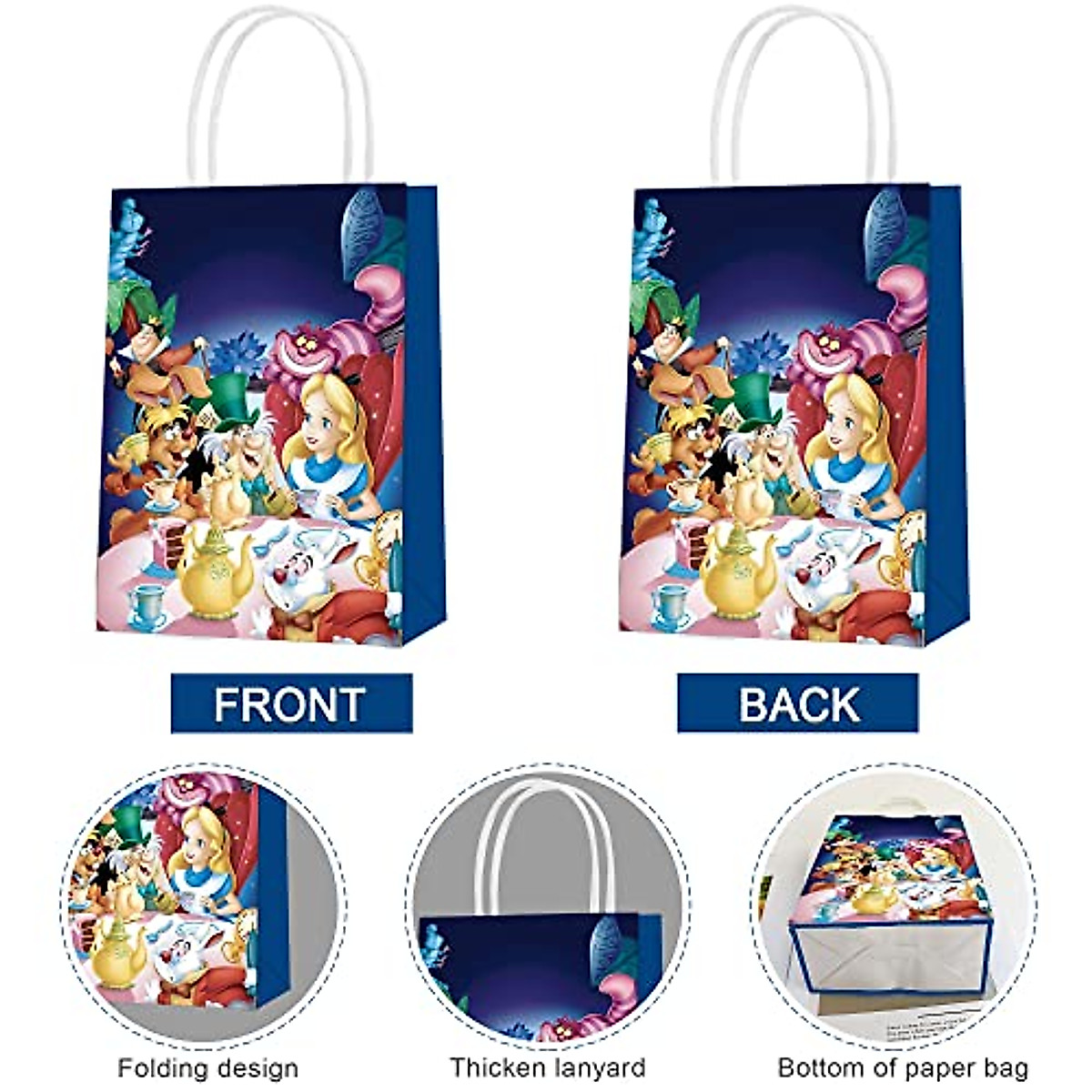 16 Pcs Alice in Wonderland Party Paper Gift Bags, 2 Styles Party Favor Bags with Handles for Alice in Wonderland Party Decorations, Goody Bags Candy Gift Bags for Girls Boys Birthday Party Supplies Favors