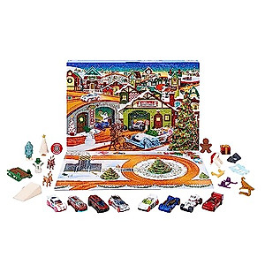 Hot Wheels Toy Car Set, 2023 Advent Calendar with 8 Cars in 1:64 Scale, 16 Accessories & Playmat, Gift for Kids