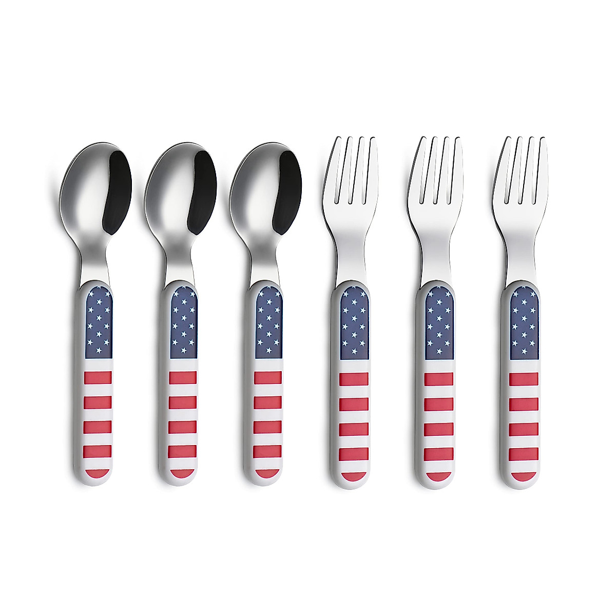 Annova Kids Silverware 6 Pieces Stainless Steel Children's Flatware Set 3 x Forks, 3 x Dinner Spoon Plastic Handle, Toddler Utensils Without Knives, for Babies, Infants BPA Free (US Flag)