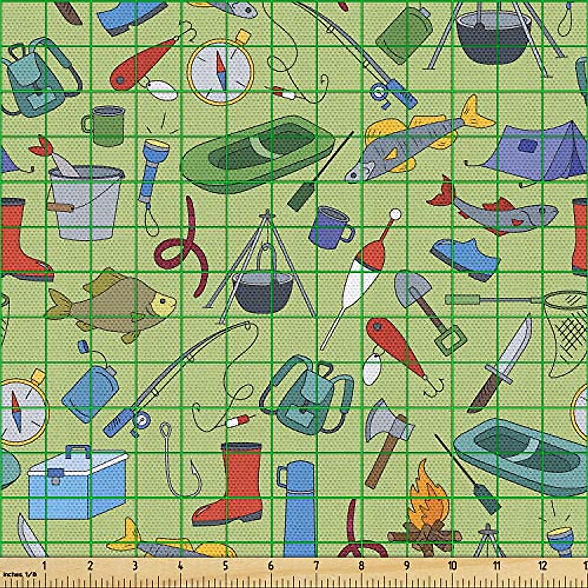 Ambesonne Fishing Theme Fabric by The Yard, Angling and Camping Elements Rods Bags Tents Fishes and Boats, Decorative Fabric for Upholstery and Home Accents, 1 Yard, Green Red