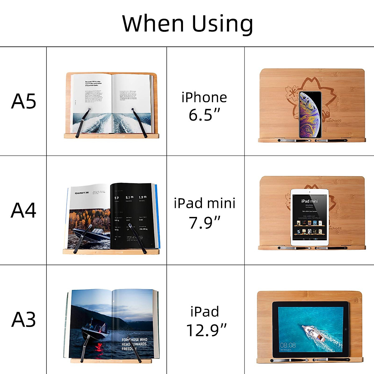 wishacc Bamboo Book Stand Cookbook Holder with 5 Adjustable Height 13.2 x 9.2"