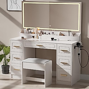 Homesflex Vanity Desk with Mirror and LED Lights, 43'' W Makeup Vanity Desk with Power Outlet, 3 Color Modes, 7 Drawers Vanity Table with Chair, Dressing Table for Bedroom, Dressing Room (White)