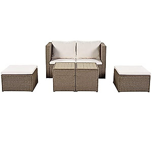 Merax Outdoor Patio Furniture Sets, PE Wicker Rattan Garden Conversation Sofa Couch with 2 Tea Tables, 6-Piece, Brown