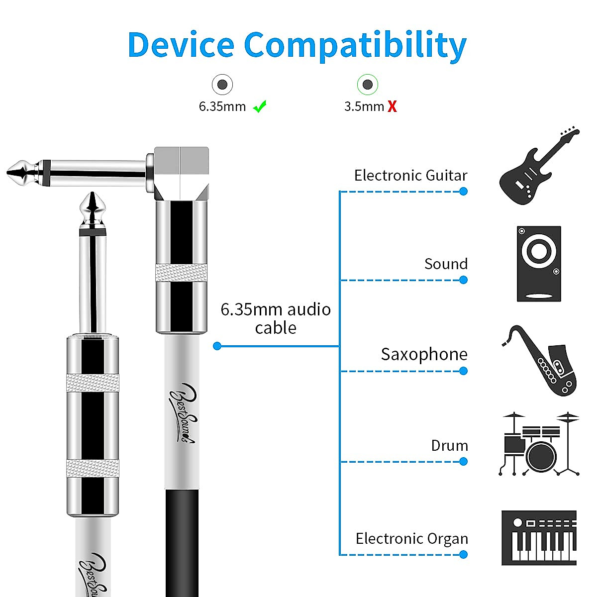 BestSounds Electric Guitar Cable 10ft, Instrument Cable Cord for Bass Guitar Amp Bass Amplifier Audio Keyboard 1/4" Cable
