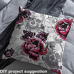 Sugar Skull Fabric by The Yard, Rose Floral Upholstery Fabric, Halloween Flower Decorative Fabric, Retro Gothic Skeleton Indoor Outdoor Fabric, Bones DIY Art Waterproof Fabric, Red Grey, 5 Yards