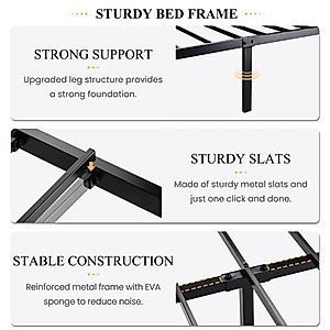 SHA CERLIN Modern Full Size Metal Bed Frame with Litchi Grain Leather Upholstered Headboard, No Box Spring Needed, 12.4" Underbed Storage, Black