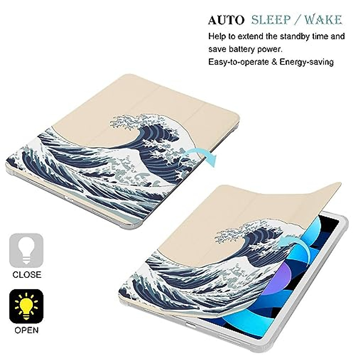 Hand Drawn Waves Tablet Case Compatible with iPad Pro 2021 11 Inch with Pencil Holder Slim Lightweight Three Fold Tablet Case Cover