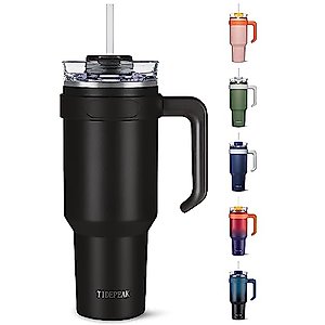 TIDEPEAK 40 oz Tumbler with Handle, Insulated Tumbler with Lid and Straw, Large Metal Sports Water Bottle, Stainless Steel Thermal Travel Coffee Mug Cup, Black