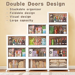 VECELO 16 Gal Stackable Storage Bins with Lid, 5 Pack Plastic Collapsible Storage Cabinet, Foldable Folding Box Organizer/Storage Container Cart with Wheel and Double Door for Home Office, White