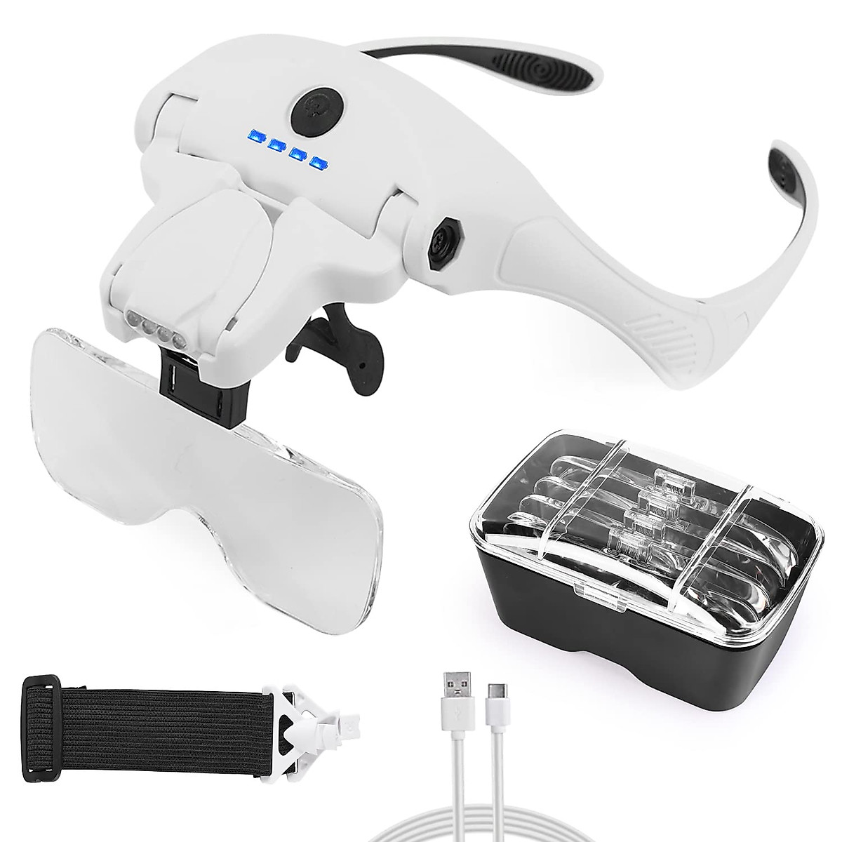 Headband Magnifier Glasses with Light, Rechargeable Magnifying Glasses with 5 Detachable Lenses 1.0X 1.5X 2.0X 2.5X 3.5X, Hands-Free Magnifier for Close Work Jewelry Cross Stitch