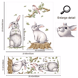 NOA 2 Cute Rabbit Wall Stickers with Bird On The Branches Decals, Removable Cartoon Animal Bunny 3D Vinyl Wallpaper Decor, DIY Art Mural for Nursery Baby Bedroom Living Room