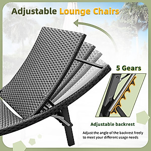 GUNJI Lounge Chairs for Outside 3 Pieces Patio Adjustable Chaise Lounge Outdoor Wicker Lounge Chairs Set of 2 with Table Folding Chaise Lounger for Poolside, Deck, Lawn (Red)