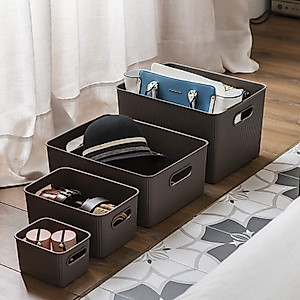 Superio Ribbed Collection - Decorative Plastic Lidded Home Storage Bins Organizer Baskets, X-Large Brown (2 Pack - 22 Liter) Stackable Container Box, for Organizing Closet Shelves Drawer Shelf