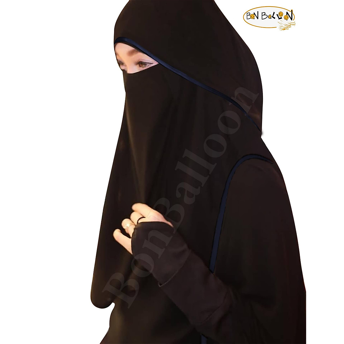 Saudi Chiffon First Class Quality Long Saudi Niqab Burqa Hijab Face Cover Veil Islam Islamic Jilbab (Black x Dark Blue Satin)