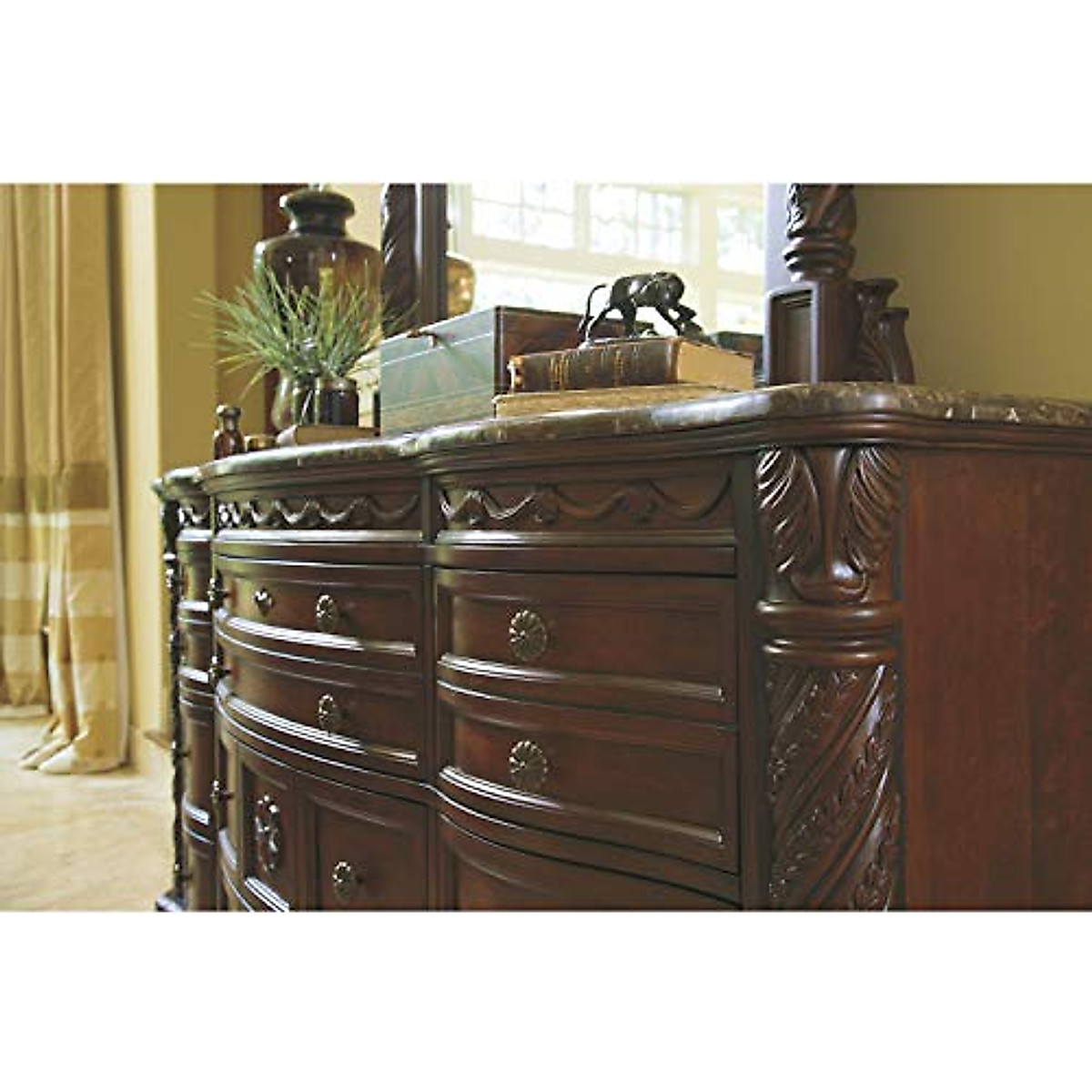 Signature Design by Ashley North Shore Ornate 9 Drawer Dresser with Marble Inlay Top, Dark Brown