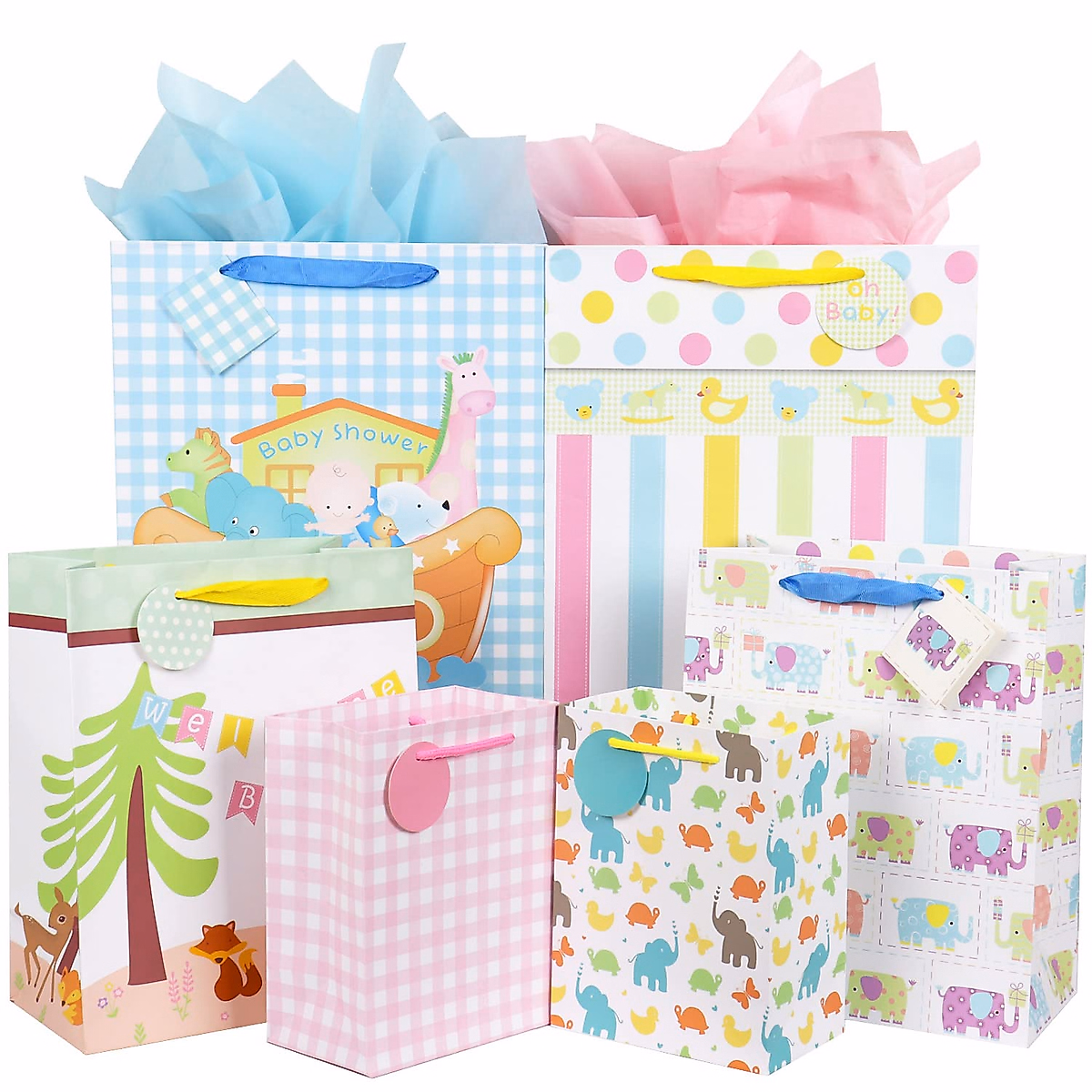 12 Pcs Baby Gift Bags, Large, Medium and Small Gift Bags Assortment for Baby Shower, Birthday, Parties, Baby Girl, and Baby Boy (Assorted Sizes)