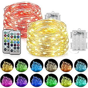 Homemory 2 Pack Color Changing Fairy Lights Battery Operated, 20Ft 60LEDs RGB Fairy String Twinkle Lights with Remote, Waterproof Silver Wire for Halloween Decor-13 Colors