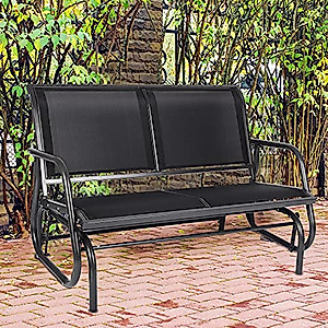 Koreyosh Outdoor Glider Bench 2-Person Rocking Loveseat Chair Patio Swing Rocker w/Powder Coated Frame and Textilene Mesh Seating for Porch Yard Graden, Black