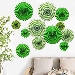 ONUPGO Green Paper Fan Decorations Set -12PCS Hanging Paper Fans Flower Set, Mexican Fiesta Kids Round Pattern Paper Garlands Party Favor Banner for Wedding Birthday Baby Shower Event Accessories