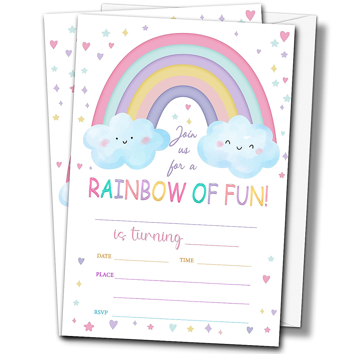 Buildinest Rainbow Birthday Party Invitations with Envelopes (20-Pack), 4"x6" Rainbow Cloud Heart Birthday Invitation Cards, Rainbow of Fun Party Invites-B31
