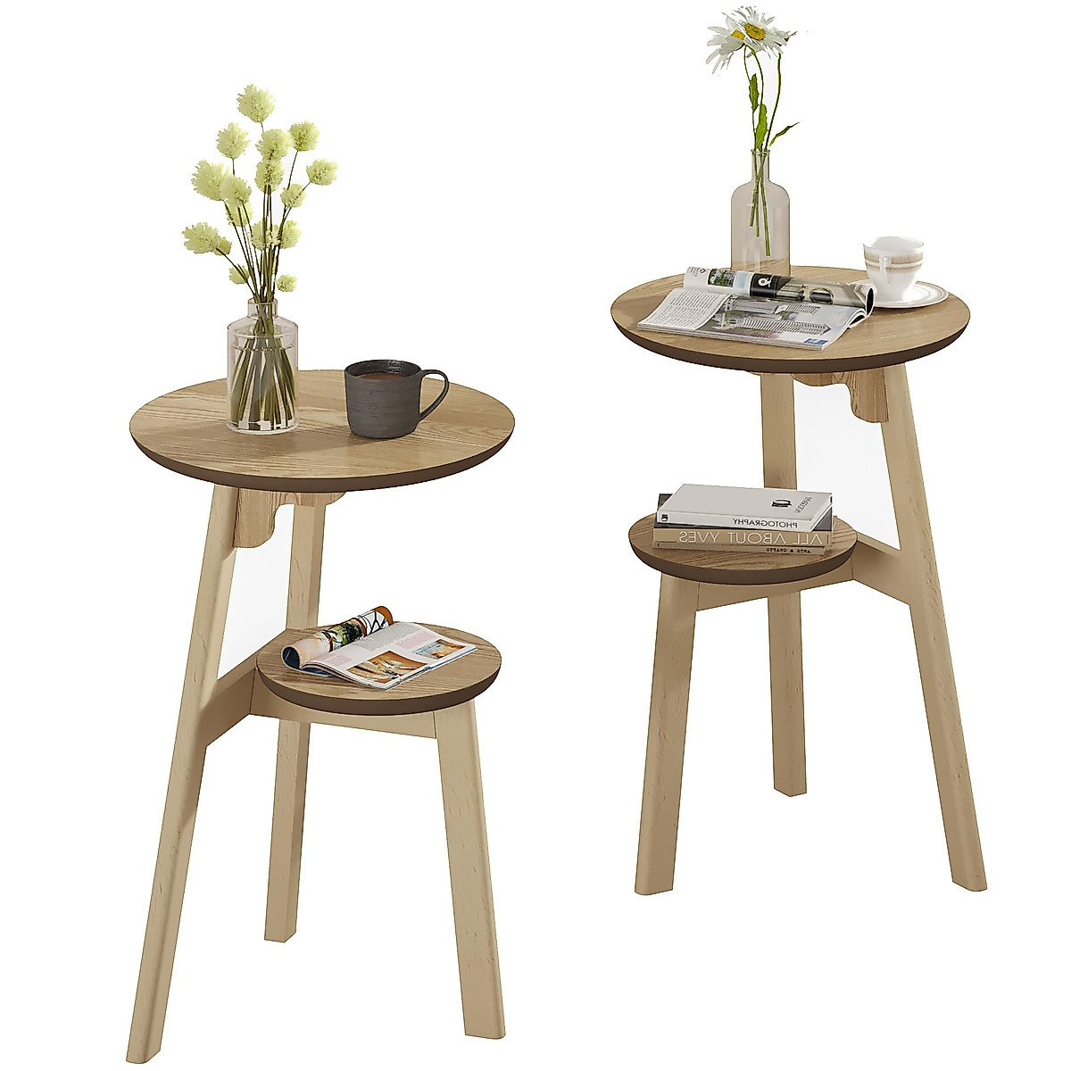 ChooChoo Round End Table Set of 2, Narrow Side Table for Small Spaces, Accent Table Night Stand with 2 Tier Shelf for Bedroom and Living Room, Natural