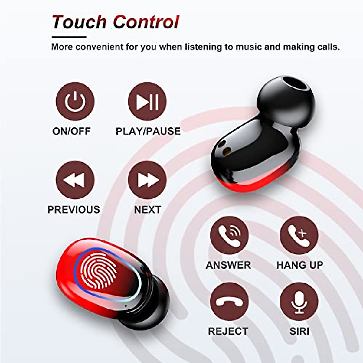 Bluetooth Earbuds Wireless Ear Buds Touch Control Wireless Earphones with HiFi Stereo Audio, Noise Reduction, IPX7 Waterproof Headphones, LED Charging Case, Built-in Mic for Sport/Work/Travel Red