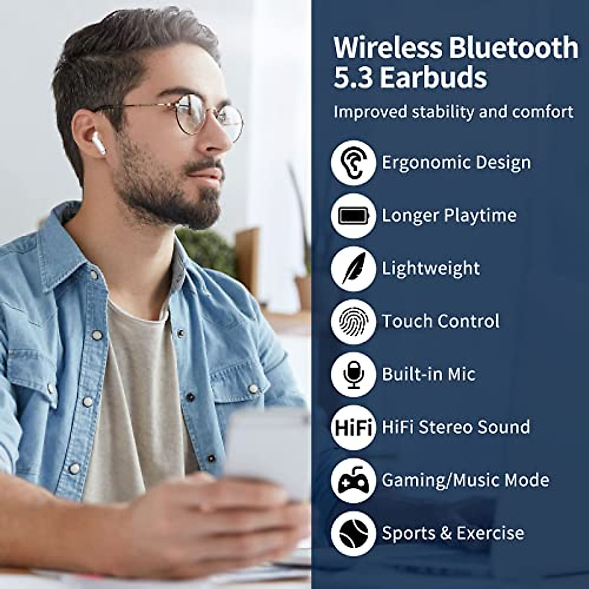 Bluetooth 5.3 Headphones for Samsung S22 S23 Ultra Flip Fold A54 A53 A12,True Wireless Noise Canceling Earbuds,Bluetooth Earbud Earphones,Sweat Resistant,HD Mic,Deep Bass for iPhone 15 Pro Pixel 6a