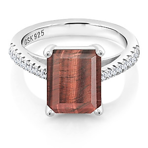 Gem Stone King 925 Sterling Silver Red Tiger Eye and White Created Sapphire Women Ring (3.26 Cttw Emerald Cut 10X8MM, Available In Size 5, 6, 7, 8, 9)