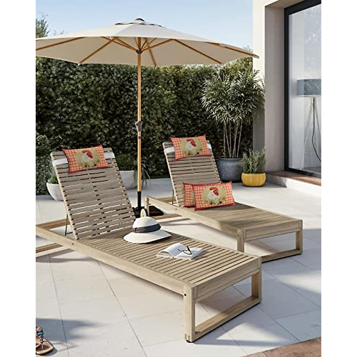 Recliner Head Pillow Ledge Loungers Chair Pillows with Insert Retro Rooster Sunflower Plaid Polka Dot Lumbar Pillow with Adjustable Strap Outdoor Waterproof Patio Pillows for Beach Pool, 2 PCS