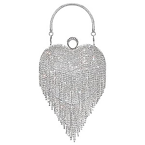 SWEETV Women's Rhinestone Heart Purse, Evening Clutch Bag for Formal Wedding Cocktail Prom Party Club, Silver