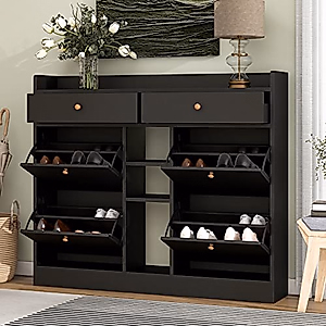 SSLine Boho 4-Door Shoe Cabinet with 2 Drawers Free-Standing Shoe Rack Modern Black Wood Shoe Storage Organizer w/Flip Down Storage Shelves for Entryway Hallway Small Space