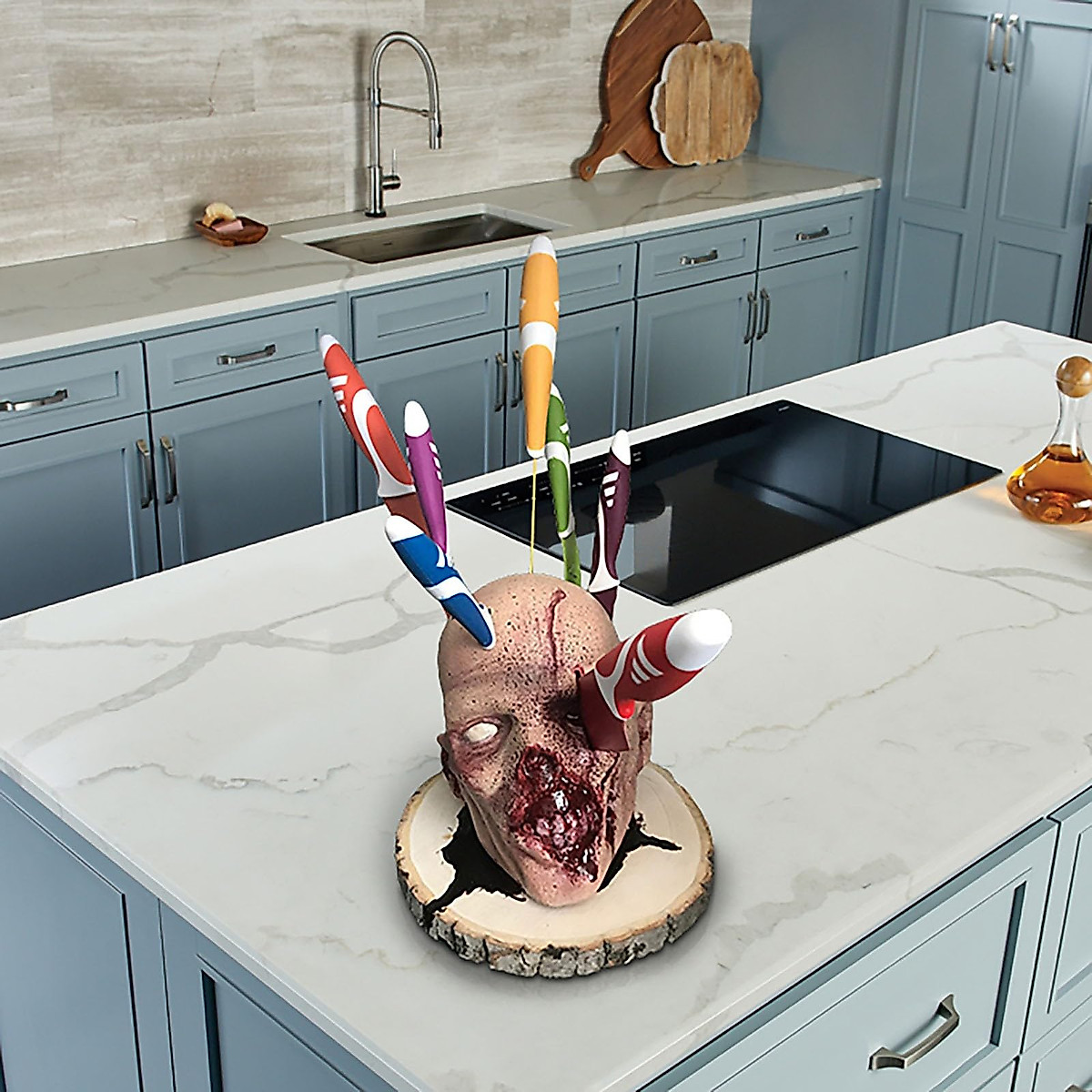 Horror Skeleton Knife Stand, Halloween Skull Kitchen Knife Block, Kitchen Storage Head Holder, Kitchen Fruit Storage Rack Ornament, Party Fruit Storage Rack Ornament (Khaki)