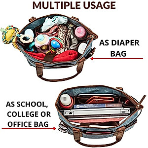 Shoulder Tote Handbag for Women 16 oz Water Repellent Waxed Canvas Real Leather Trim Handmade Purse Zippered Shopper Bag with Pockets (Ocean Blue)