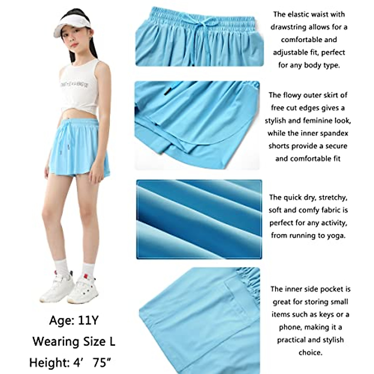 Girls 3 Pack Flowy Shorts with Spandex Liner 2 in 1 Youth Skirts for Fitness Running Sports Skort with Pockets Size 4 Set 06