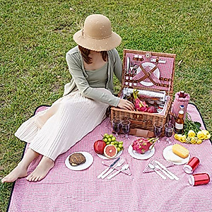 Picnic Basket for 4, Insulated Willow Picnic Baskets with Shoulder Strap, Picnic Hamper with Waterproof Picnic Blanket, Handmade Wicker Hamper for Outdoor, Great Gifts for Thanksgiving, Christmas