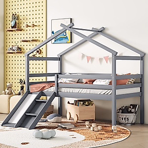 Bellemave Twin Size Kids Low Loft Bed,House Loft Bed with Slide and Ladder,Solid Wood Low Loft Bed with Safety Guardrails for Girls Boys,Grey