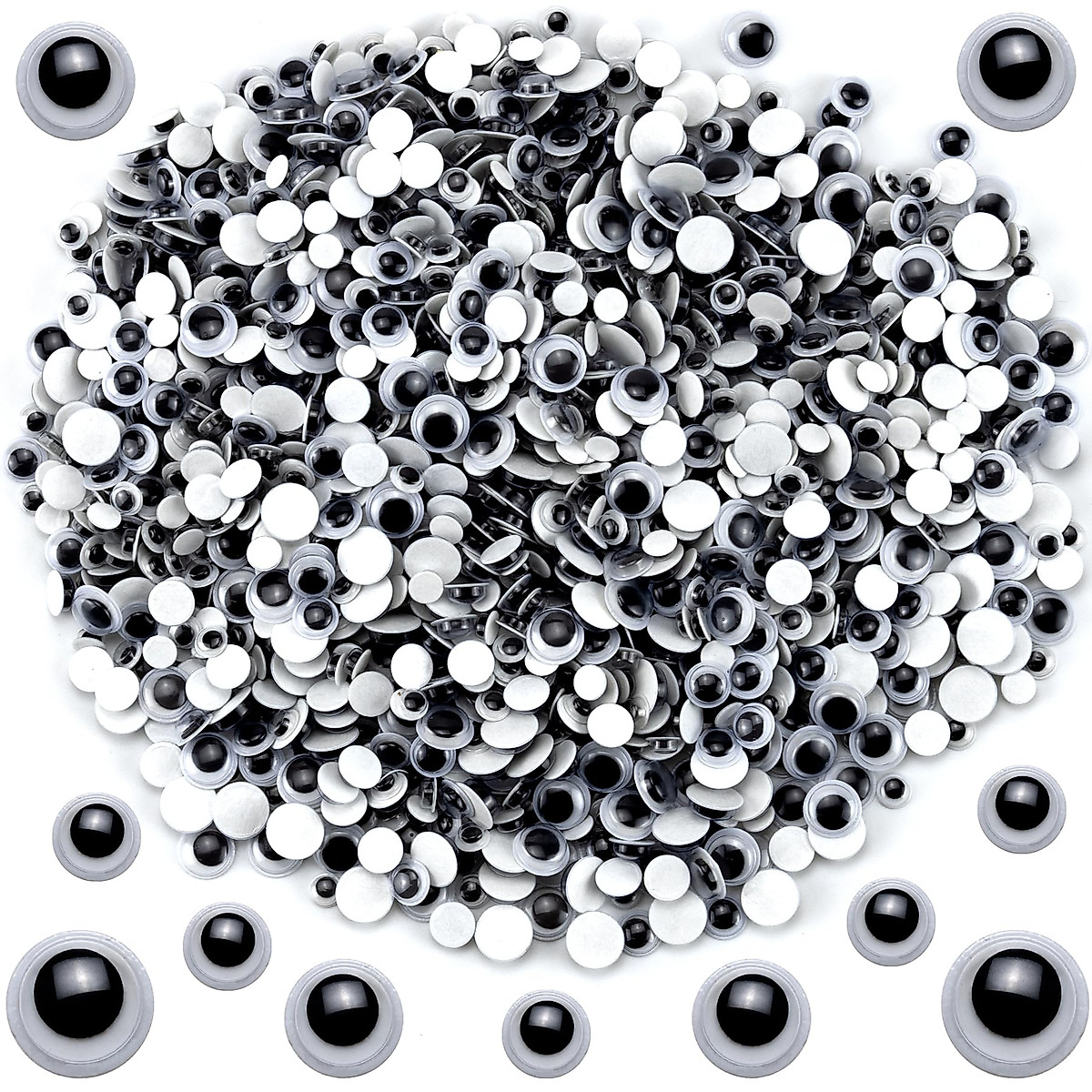 1800 Pieces Wiggle Googly Eyes Plastic Black and White Bulk Self Adhesive Googly Eyes Mixed Size 6mm 8mm 10mm for DIY Art Crafts Scrapbooking Dolls Puppets Invitation Cards