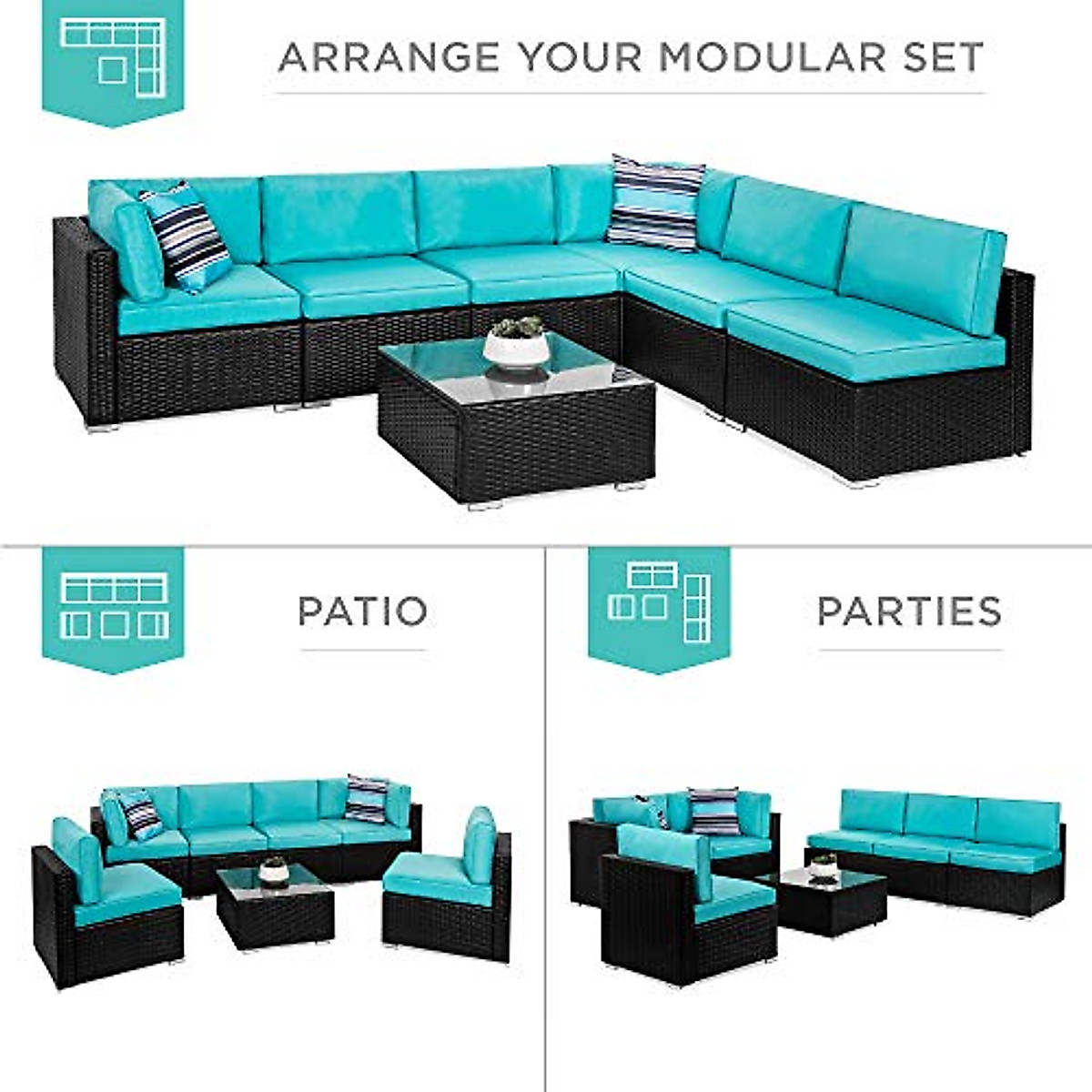 Best Choice Products 7-Piece Modular Outdoor Sectional Wicker Patio Furniture Conversation Sofa Set w/ 6 Chairs, 2 Pillows, Seat Clips, Coffee Table, Cover Included - Black/Teal
