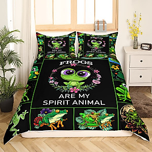 Castle Fairy Cute Frog Duvet Cover Queen Size Frog Lovers Comforter Cover with 2 Pillowcase for Teens Adults Kids Green Frog Bedding Set Animals Grid Breathable 3 Pieces Decorative Bed Cover