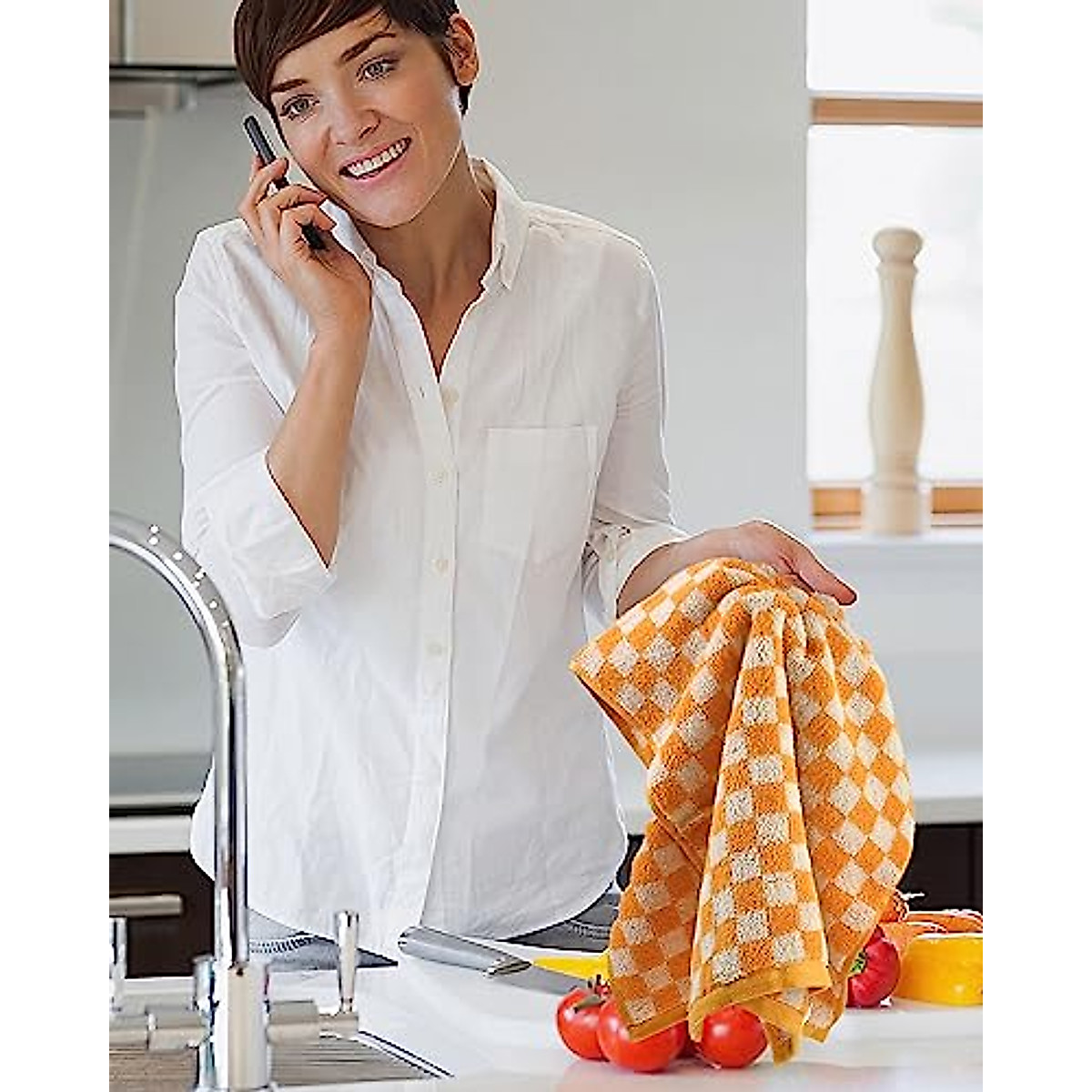 Jacquotha Checkered Hand Towels 4 Pack - Cotton Hand Towels for Kitchen Bathroom 29” x 13”, Orange