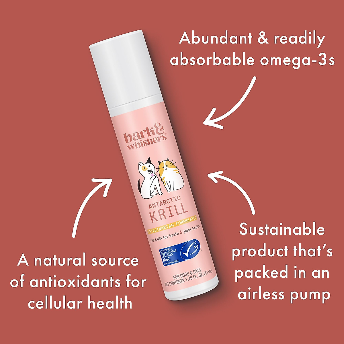 Bark & Whiskers Antarctic Krill Oil Liquid Pump, 1.45 Fl. Oz. (186 Pumps), for Dogs and Cats, EPA and DHA for Brain and Joint Health, Veterinarian Formulated, MSC Certified, Non-GMO, Dr. Mercola