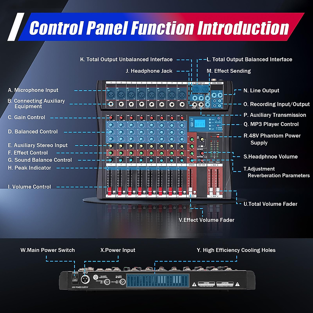 Professional Audio Mixer Sound Board Console USB bluetooth Audio Mixer DJ Live Mixing Console Dedicated Stereo 2-Track Bluetooth Live Studio Mixing Console Board(8 Channel)