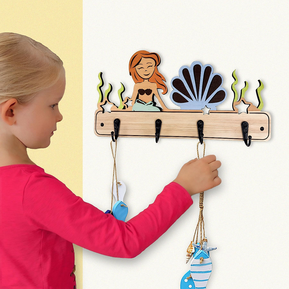 Midrean Wooden Cute Kids Nursery Towel Coat Rack Colorful Wall Hooks Mount Wood Hook