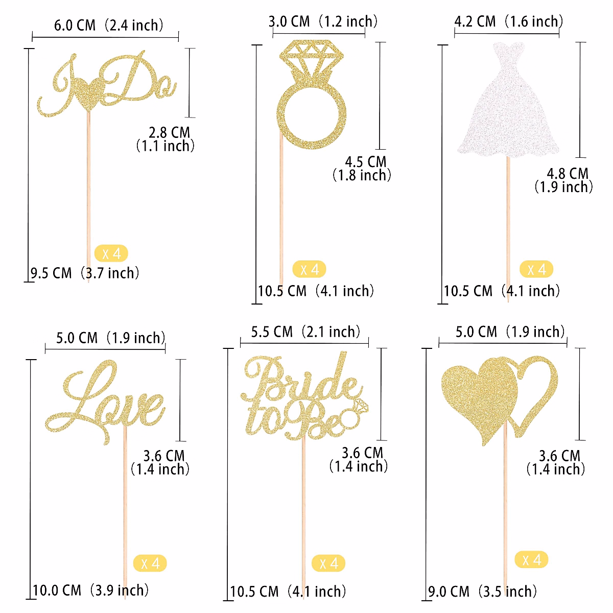Gexolenu 24 Pcs Bride To Be Cupcake Toppers Gold Glitter Double-Sided I Do Love Heart Diamond Ring Cupcake Picks Decorations For Bridal Shower Wedding Engagement Party Supplies