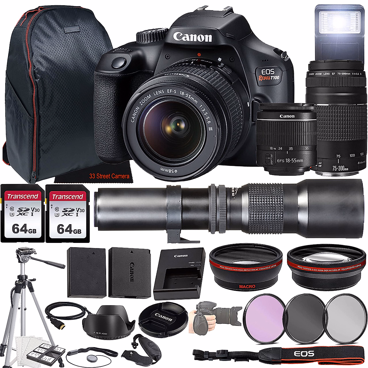 Canon EOS Rebel T100 DSLR Camera w/EF-S 18-55mm f/3.5-5.6 III Lens + EF 75-300mm f/4-5.6 III Lens + 500mm f/8 Focus Lens + 2X 64GB Memory + Case + Filters + Tripod + More (35pc Bundle) (Renewed)
