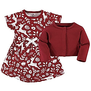 Touched by Nature Baby Girl's Organic Cotton Dress and Cardigan, Red Winter Folk, 9-12 Months