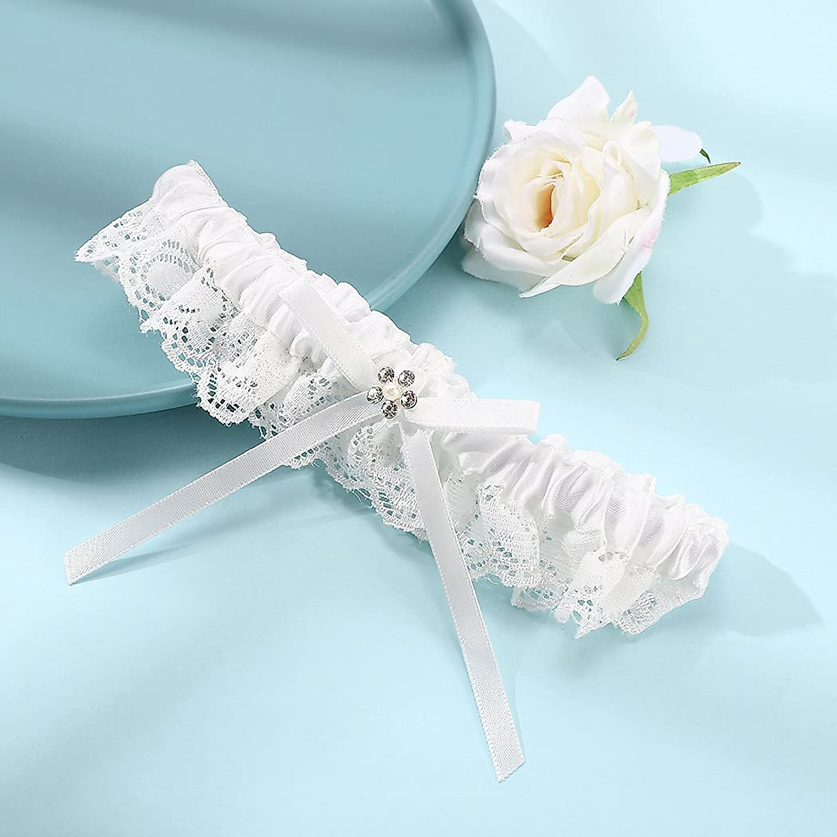 EVAZEN Bride Wedding Garter White Lace Floral Garters Bowknot Stretch Leg Garter Set Bridal Accessories for Women
