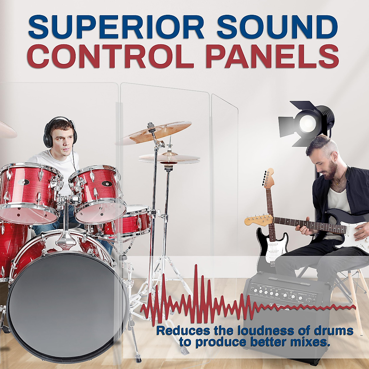 PENNZONI Drum Shield 5ft w/Living Hinges, Comes w/ 6 Drum Panels & Living Hinges, Premium Clear Acrylic Panels, Drum Screen