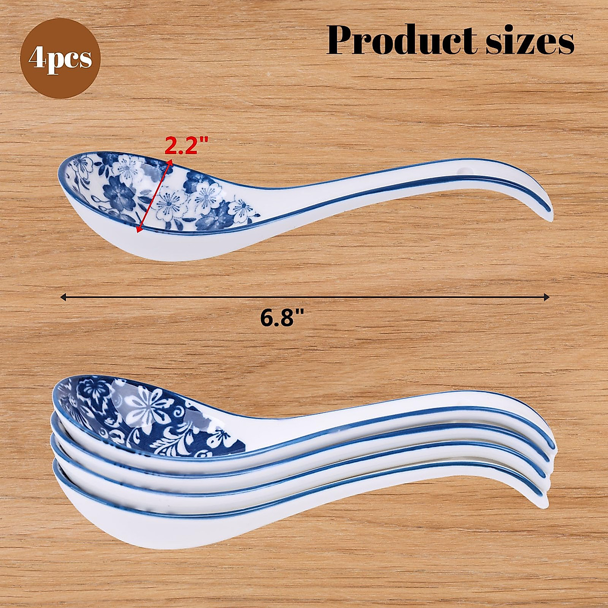 HAKSEN Asian Soup Spoon, Japanese Ramen Spoons with Long Handle for Chinese Vietnamese Wonton Dumplings Pho Noodle Soup Miso Soup Tomato Bisque, 4 PCS 6.8 Inches