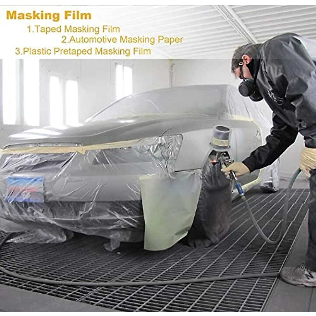 uyoyous 6 Rolls Plastic Painting Film, 9 x 67 ft Pre Taped Masking Paper, Plastic Masking Film, Tape and Drape Painters Paper Rolls for Automotive Furniture Painting Covering